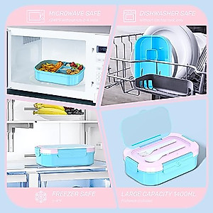 TEVIKE Kids & Adults Bento Lunch Box-4 Compartment Leak-Proof Food Containers with Fork & Spoon, BPA Free, Bento Adult Lunch Box for Work School, Microwave & Dishwasher Safe (Misty Pk-Blue)