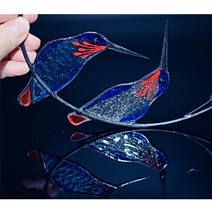 Lolitarcrafts Hummingbird with Flower Stained Glass Suncatcher Bird Stained Glass Window Hangings Hummingbird Gift for Home Decor (Blue 1 Pair)