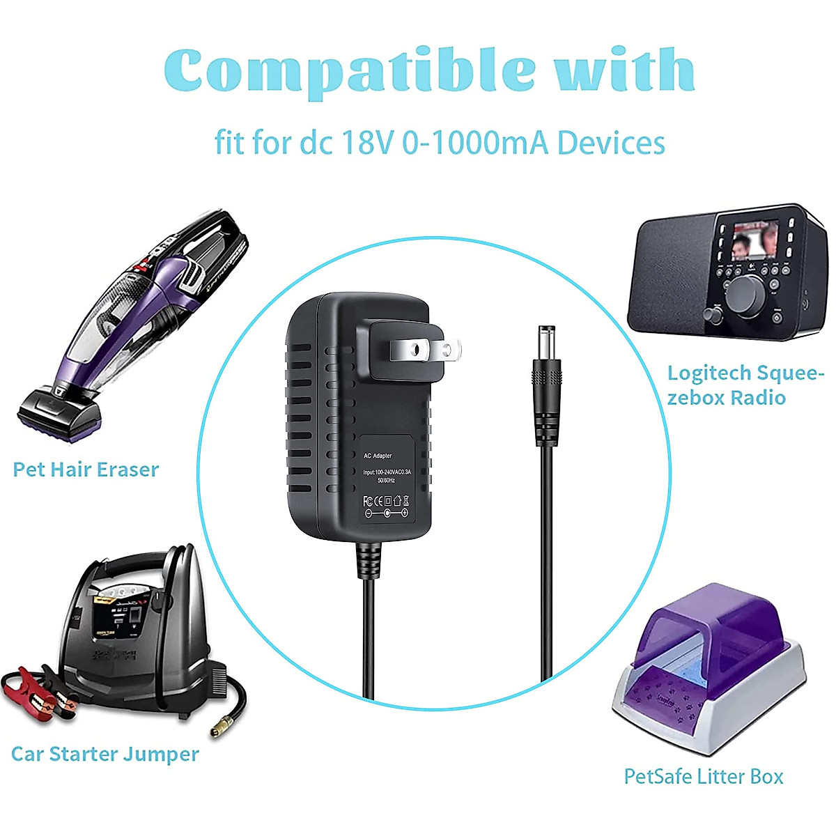 SLLEA 18V 1A AC/DC Adapter Power Supply Cord Cable Charger with OD: 5.5mm x ID: 2.1mm Barrel Round Plug Tip 18.0V Series 18VDC 1000mA Fits 800mA 750mA 500mA 400mA 300mA 200mA 100mA