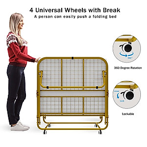 Folding Bed with Mattress, 75x38 Twin Size Fold Up Bed, 5-inch Memory Foam, Portable Foldable Roll Away Adult Bed with Lockable Wheels, Easy Assembly & Moving, Space-Saving (WhiteGold)