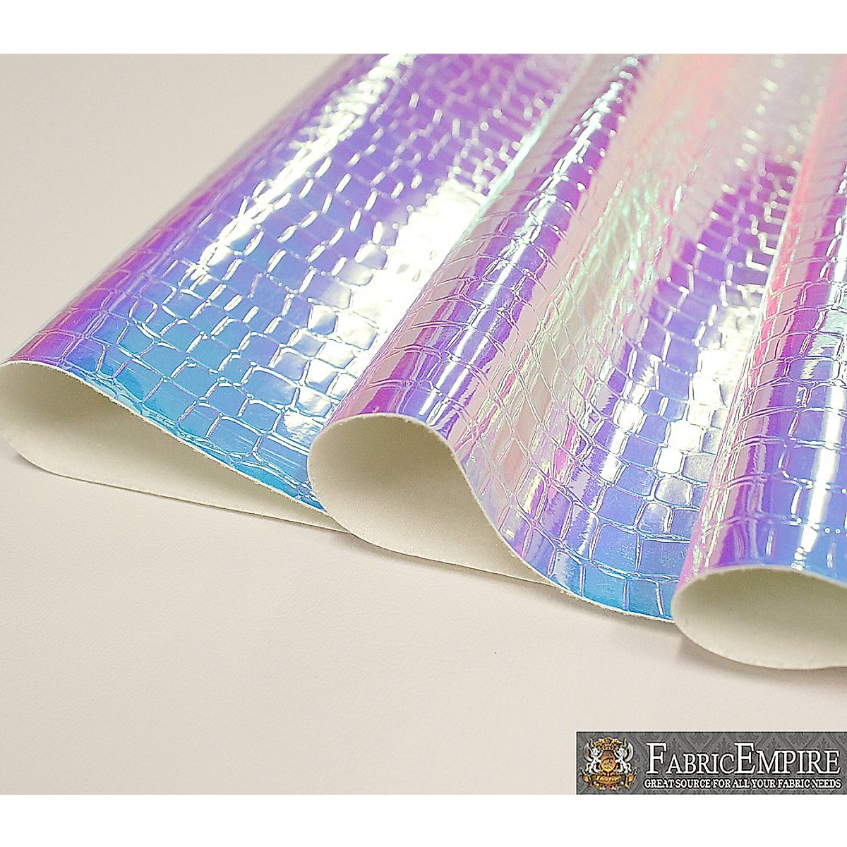 Fabric Empire Vinyl Upholstery Embossed Crocodile Holographic Glossy Fabric Light Blue 54" Wide Sold by The Yard