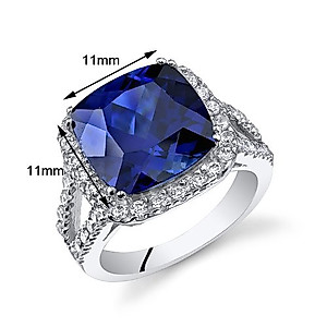 PEORA Created Blue Sapphire Signature Ring for Women 925 Sterling Silver, Large 7.75 Carats Cushion Cut 11mm, Size 7