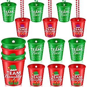 12 Pieces Christmas Shot Glass Necklace on Beaded Team Naughty Team Nice Shot Necklace Glass Plastic Red Beaded Necklace with Drinking Cup Green Shot Glasses for Christmas Party Decorations Supplies
