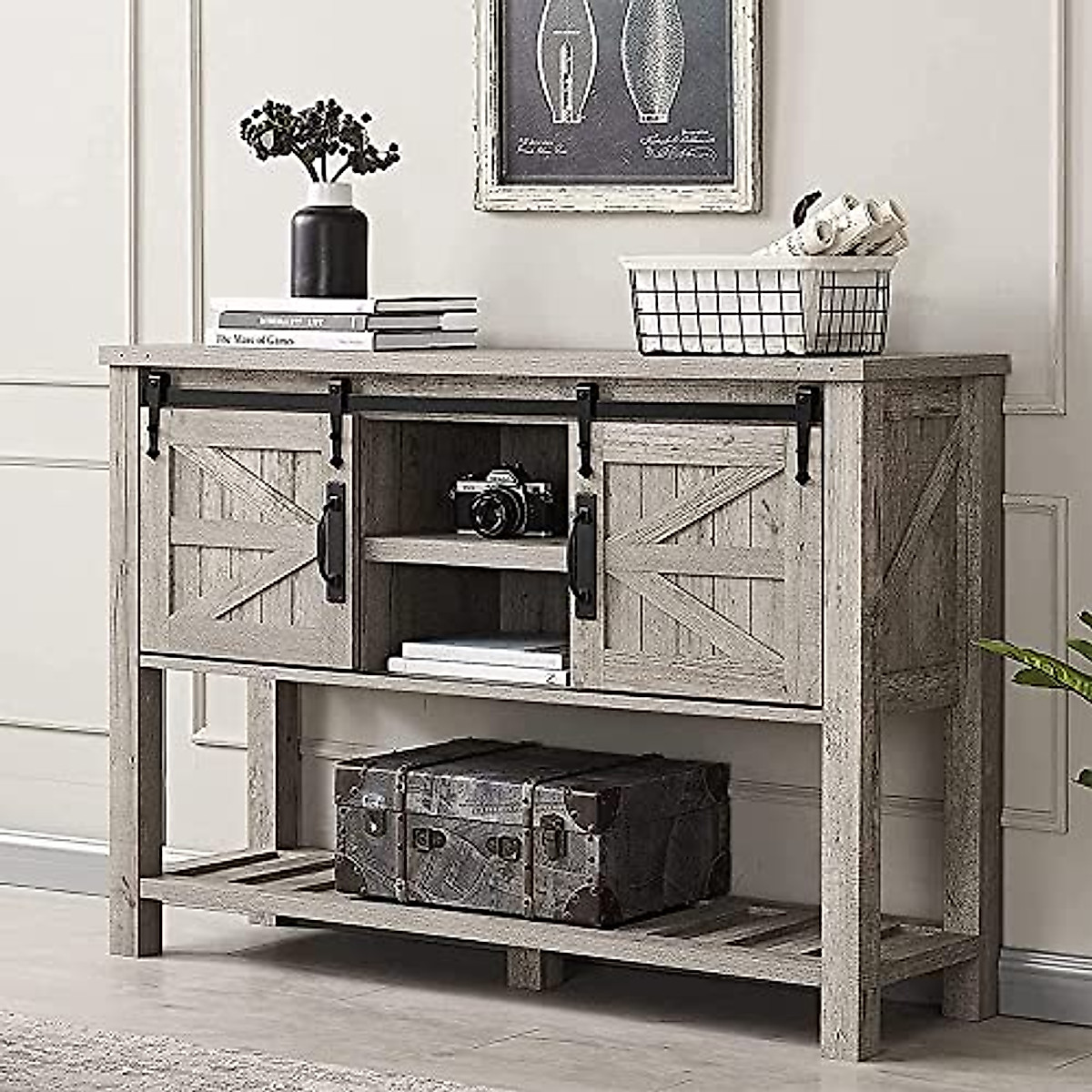 OKD Farmhouse Console Entryway Table with Sliding Barn Doors, Rustic Entry Sofa Tables Buffet Sideboard for Hallway, Foyer, Couch, Entrance, Living Room, Dining, Kitchen, 46 Inch, Light Rustic Oak