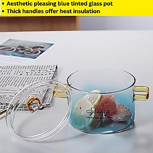 Glass Pot for Cooking On Stove, 1.5L Heat-Resistant Clear Simmer Pots for Cooking, Microwave Glass Saucepan with Cover & Handle, Glass Cookware for Noodles, Soup and simmering (Clear with Blue Tint)