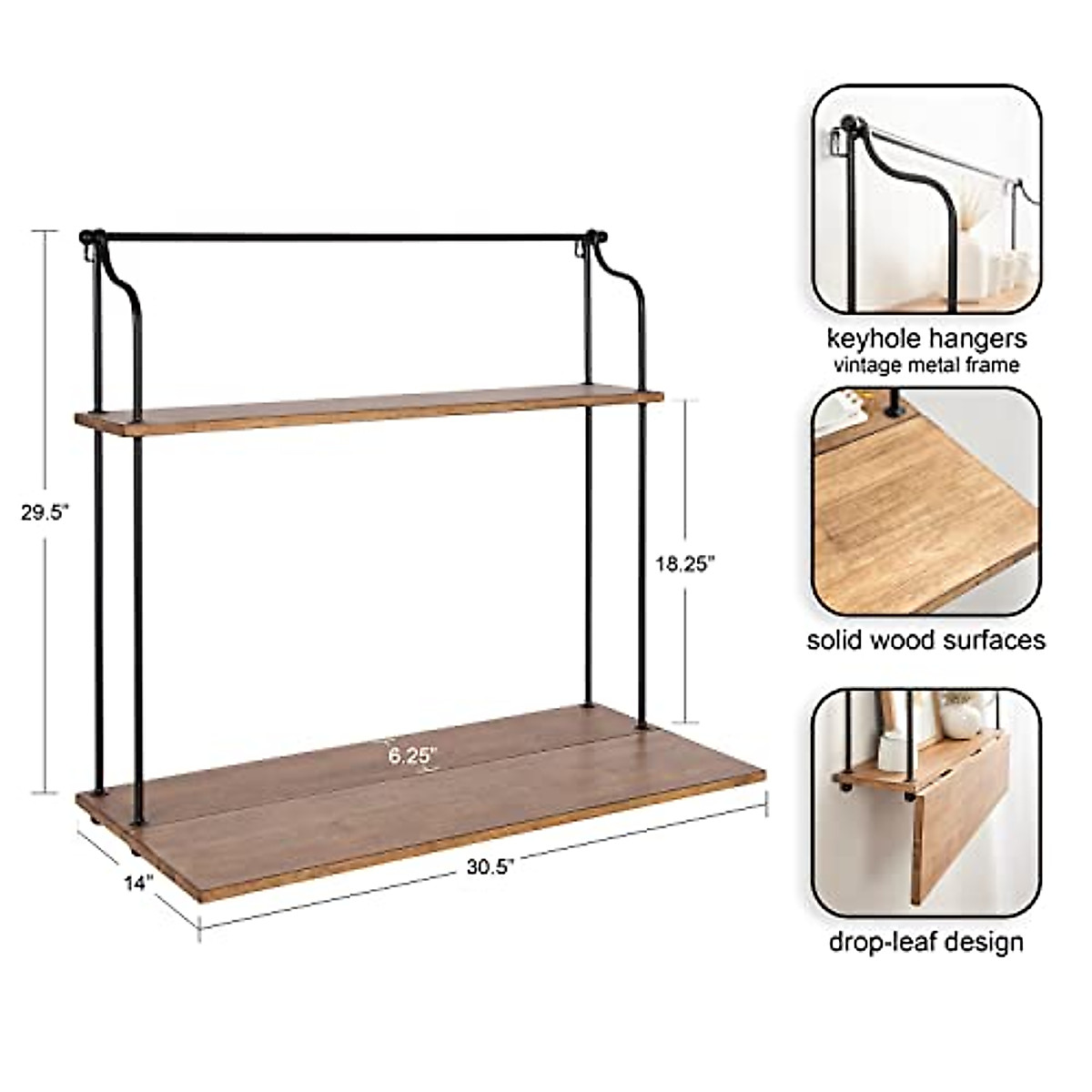 Kate and Laurel Walters Modern Farmhouse Wood and Metal Floating Desk with Folding Drop-Leaf Design, 31x30x14, Rustic Brown/Black