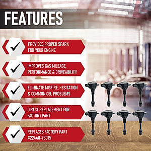 Ignition Coil Pack Set of 8 - Compatible with Nissan, Infiniti Vehicles - Armada, Titan, Pathfinder, Armada, QX56 5.6L - Models Years 2004, 2005, 2006, 2007 - Replaces 22448-7S015, E1010