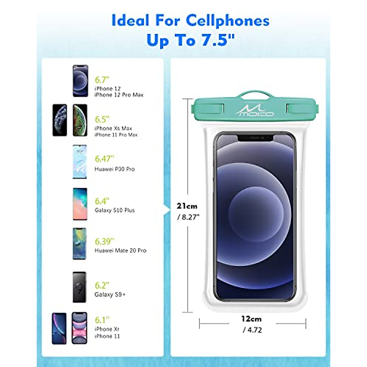 MoKo Waterproof Phone Pouch 3-Pack, Underwater Phone Case Dry Bag with Lanyard Compatible with iPhone 14 13 12 11 Pro Max X/Xr/Xs Max/SE 3, Galaxy S21/S20, up to 7.5", Orange+SkyBlue+Magenta