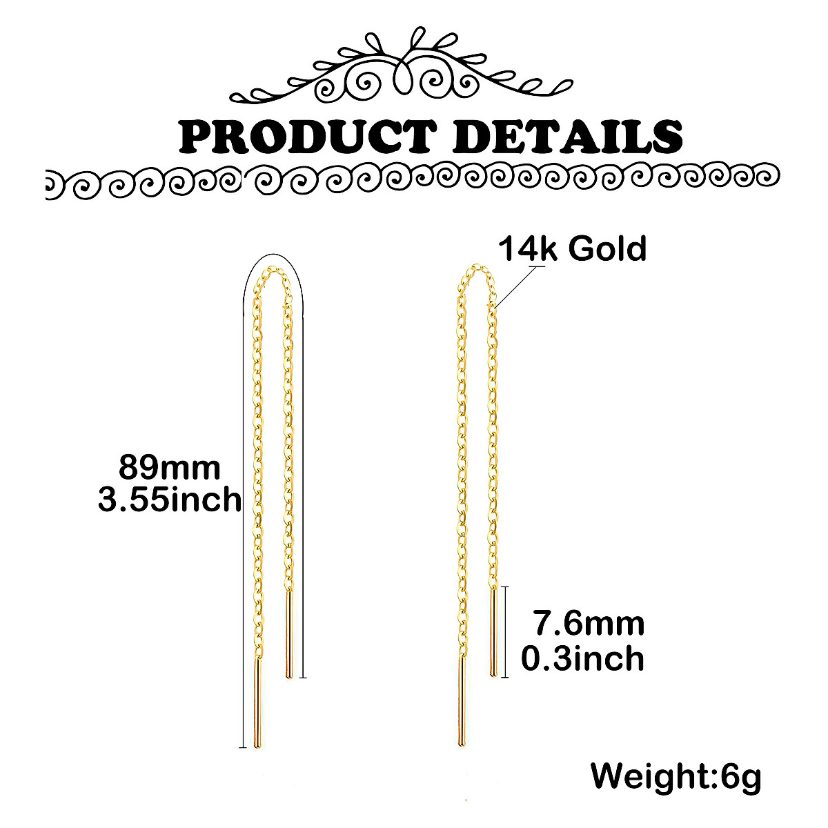 14k Gold Earrings For Women Dangle Earrings Drop Thread Dangling Earrings Minimalism Dipped Long Chain Earring (Gold)