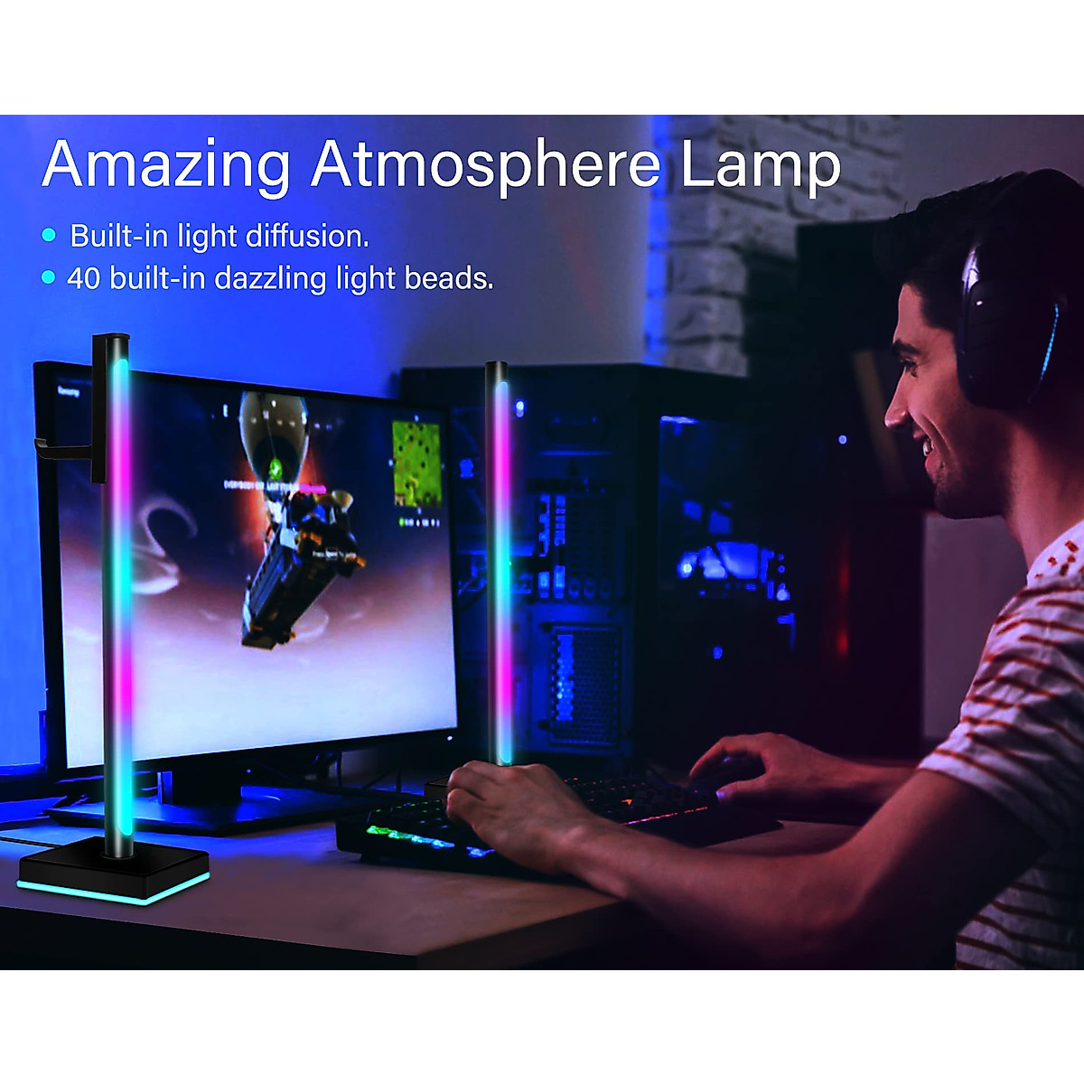 TRELC Desktop Atmosphere Sound Pickup Rhythm Light, Gaming Headphone Stand with LED Light, Headset Holder Hanger Rack Backlight for Gamers Table Game Earphone PC PS5 Accessories（2 Packs）