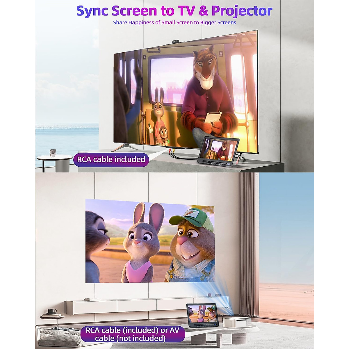 10.5" Portable DVD Player for Car with HDMI Input 1080P, DESOBRY Car DVD Player Dual Screen with Full HD Transmission,5-Hour Rechargeable Battery, Supports USB Input,Last Memory (1 Player + 1 Monitor)