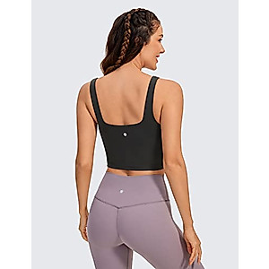 CRZ YOGA Butterluxe Womens Square Neck Longline Sports Bra - Workout Crop Tank Tops Padded with Built in Shelf Yoga Bra Black Medium