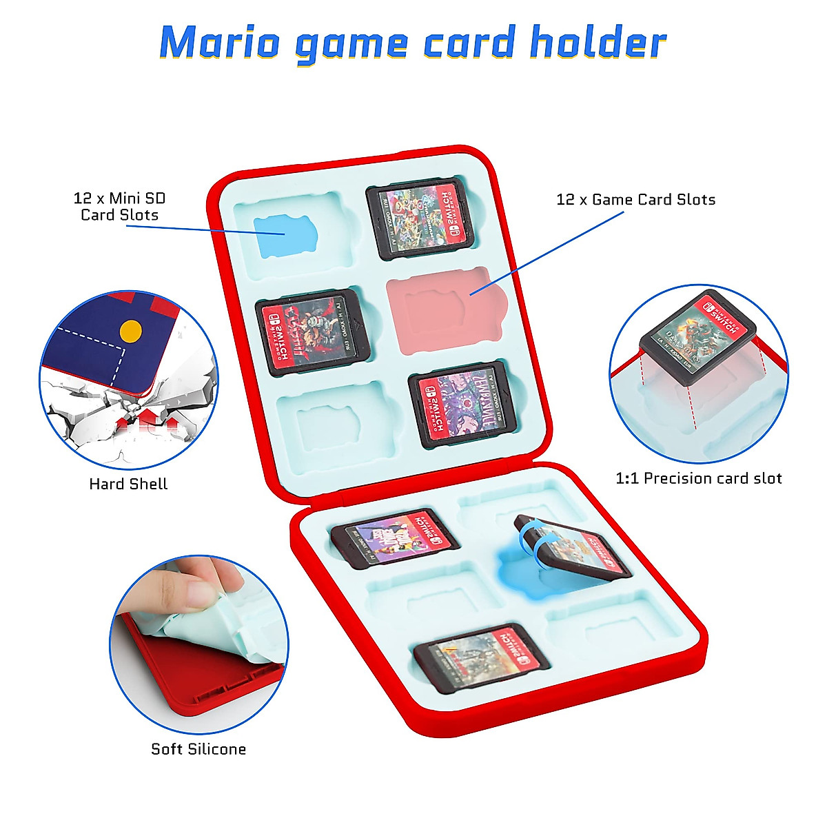 GLDRAM Theme for Mario Switch Travel Bag, Cute Carrying Bag for Nintendo Switch/OLED/Lite, Breathable Switch Crossbody Shoulder Backpack Accessories Bundle with 12 Slots Game Case Holder & Thumb Caps