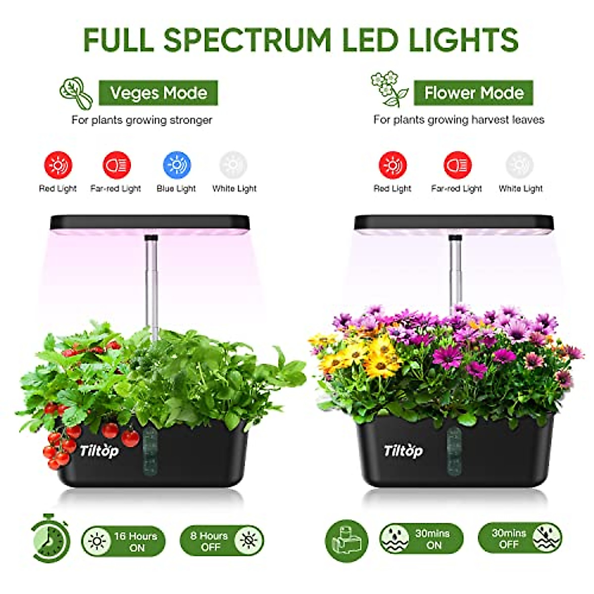 TILTOP Hydroponics Growing System 8 Pods Indoor Herb Garden with LED Grow Light, Height Adjustable Plant Germination Kit Indoor Grow Kit Countertop Garden with Automatic Pump & Timer Black