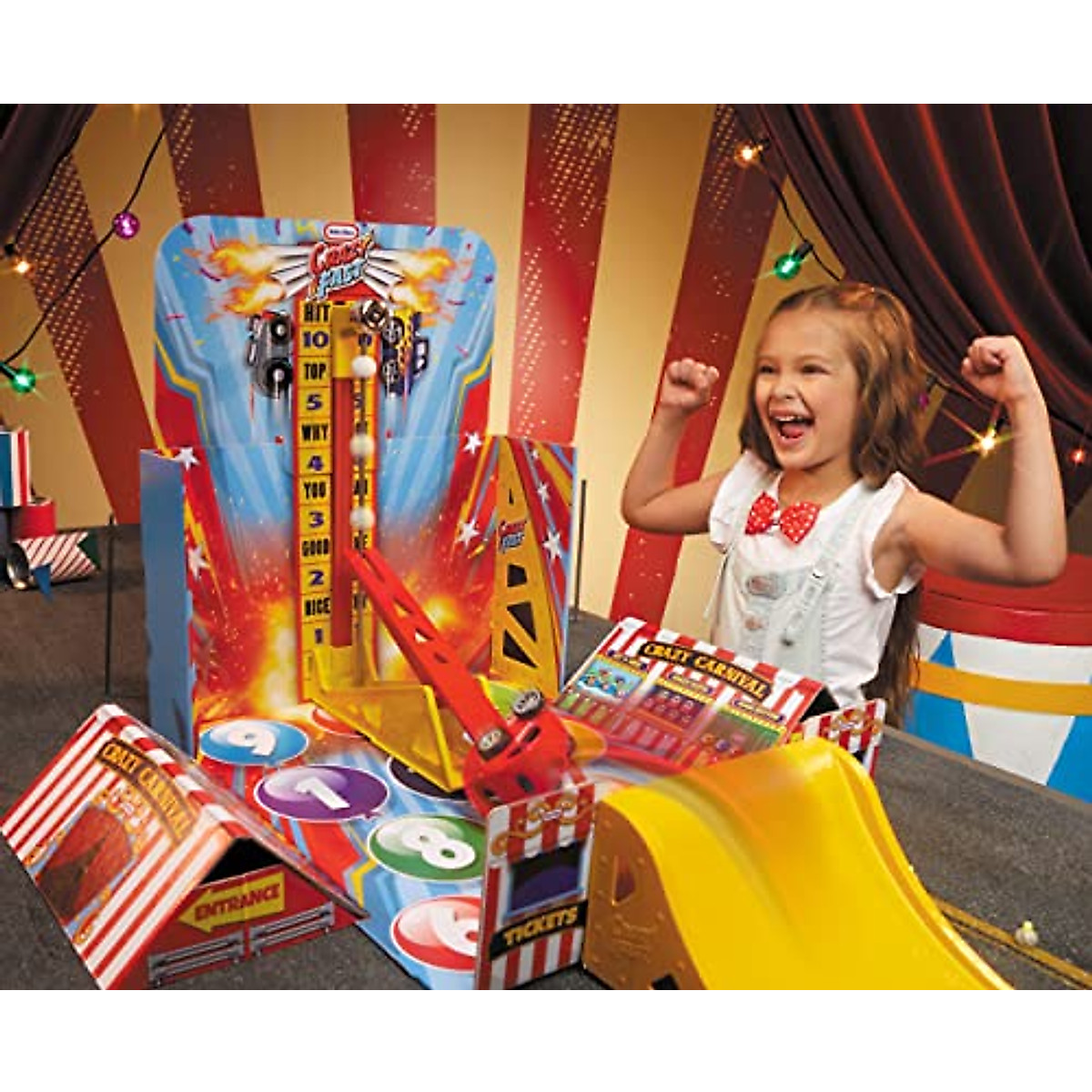Little Tikes Crazy Fast Flip & Fly Carnival Playset with One Exclusive Pullback Toy Car Vehicle, Goes up to 50ft!