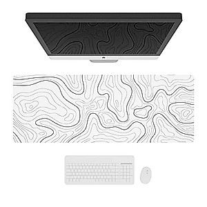 Ovenbird Large Gaming Mouse Pad with Stitched Edges, Minimalist Topographic Map Desk Mat, Extended XL Mousepad with Anti-Slip Base, Cool Desk Pad for Keyboard and Mouse, 31.5 x 11.8 in, White