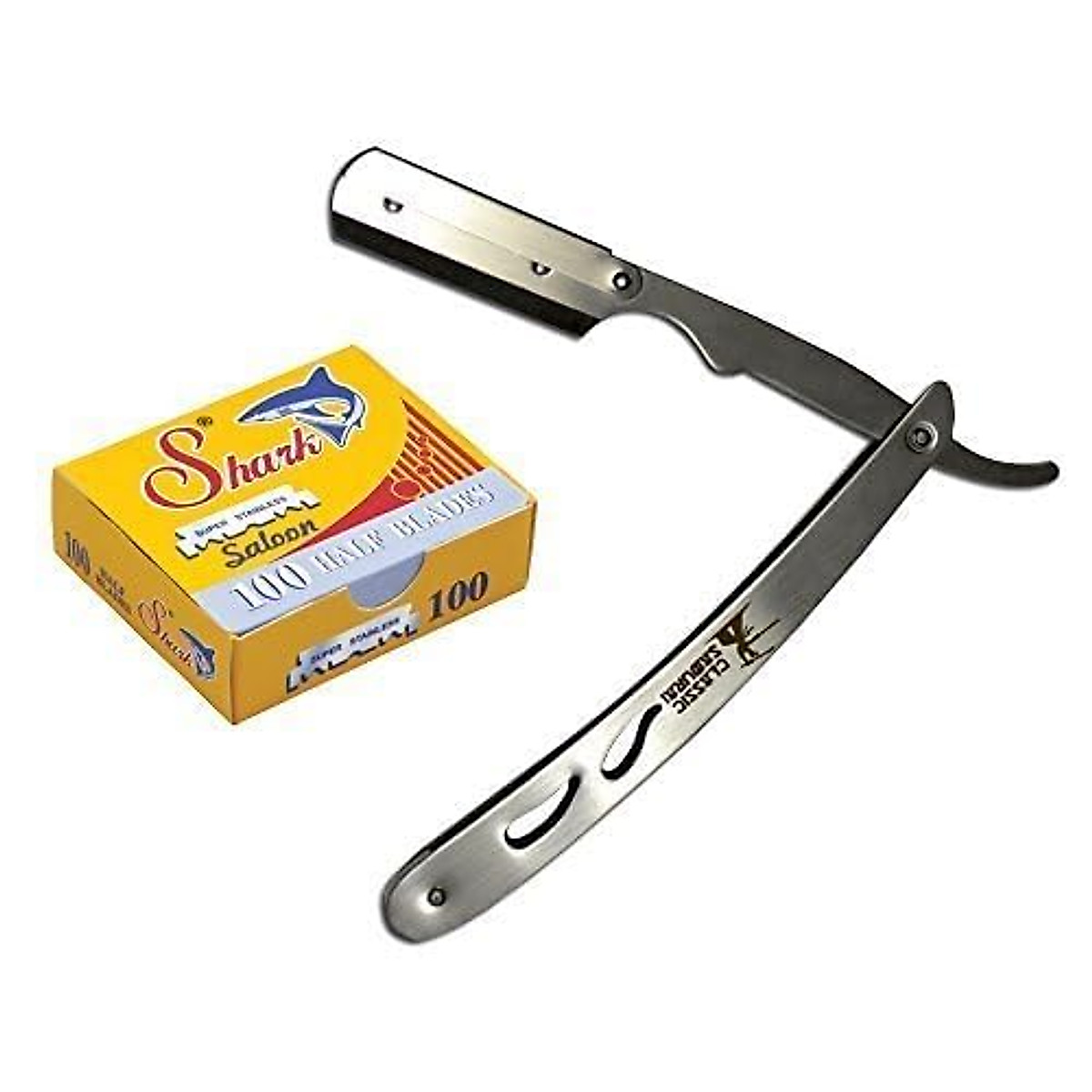 Classic Samurai CS-102 Stainless Steel Professional Barber Straight Edge Razor with 100 Count Single Edge Razor Blades