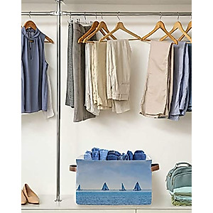 Blue Wide Sea Sailboat Storage Bins, Collapsible Cube Storage Organizer with Handles, Sea Horizon Sky White Clouds Waterproof Clothes Hamper Storage Basket for Toys/Blanket 15"x11"x9.5"