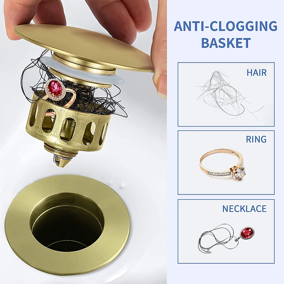 SINGSUO Pop Up Drain Stopper for Bathroom Sink, Pop Up Sink Drain with Detachable Basket Stopper, Basin Pop-up Drain Filter, Vessel Sink Drain Assembly (Brushed Gold)