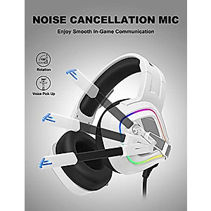 ZIUMIER Z66 White Gaming Headset with Microphone, Wired Over-Ear Headphone for PC PS4 PS5 Xbox One Controller, RGB LED Light, Bass Surround Sound