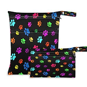 AUUXVA Colorful Dog Cat Paw Print Wet Dry Bag Set Waterproof Reusable Baby Diaper Bags Organizer with Two Zippered Pockets for Travel Beach Swimming Swimsuit Wet Clothes 2 Pack