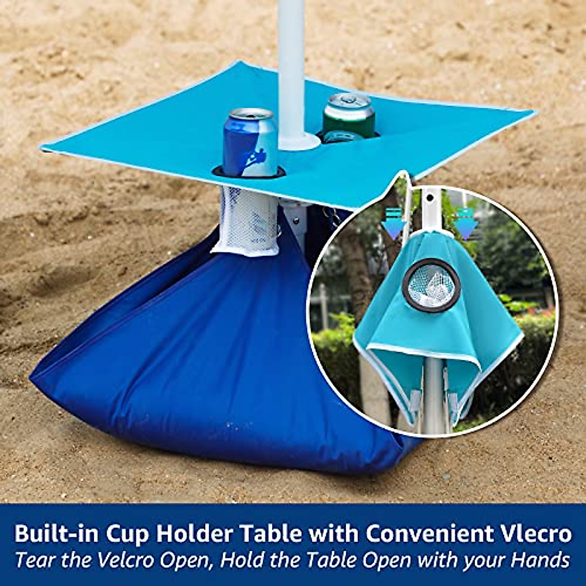 ROWHY 7.5FT Beach Umbrella with Cup Holder and Sand Bags Portable Outdoor Heavy Duty Sunshade Umbrella with Sand Anchor & Tilt System, Wind Resistant for Sand, Beach,Patio,Yard, Classic SKY BLUE
