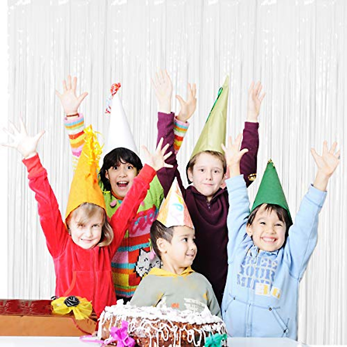 BTSD-home White Foil Fringe Curtain, Metallic Photo Booth Backdrop Tinsel Door Curtains for Wedding Birthday Bridal Shower Baby Shower Bachelorette Christmas Party Decorations(4 Pack, 8ft x 3ft)