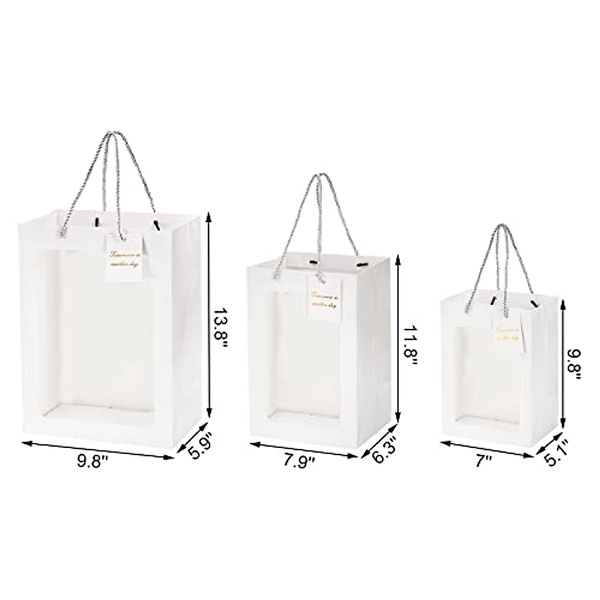 ZENFUN 24 Pack White Gift Bags with Clear Window and Handles, Transparent Bouquet Gift Bags Tote Paper Bags for Gift Packing, Shopping, 9.8'' L x 5.9'' W x 13.8'' H/ 7.9'' L x 6.3'' W x 11.8'' H/ 7'' L x 5.1'' W x 9.8'' H