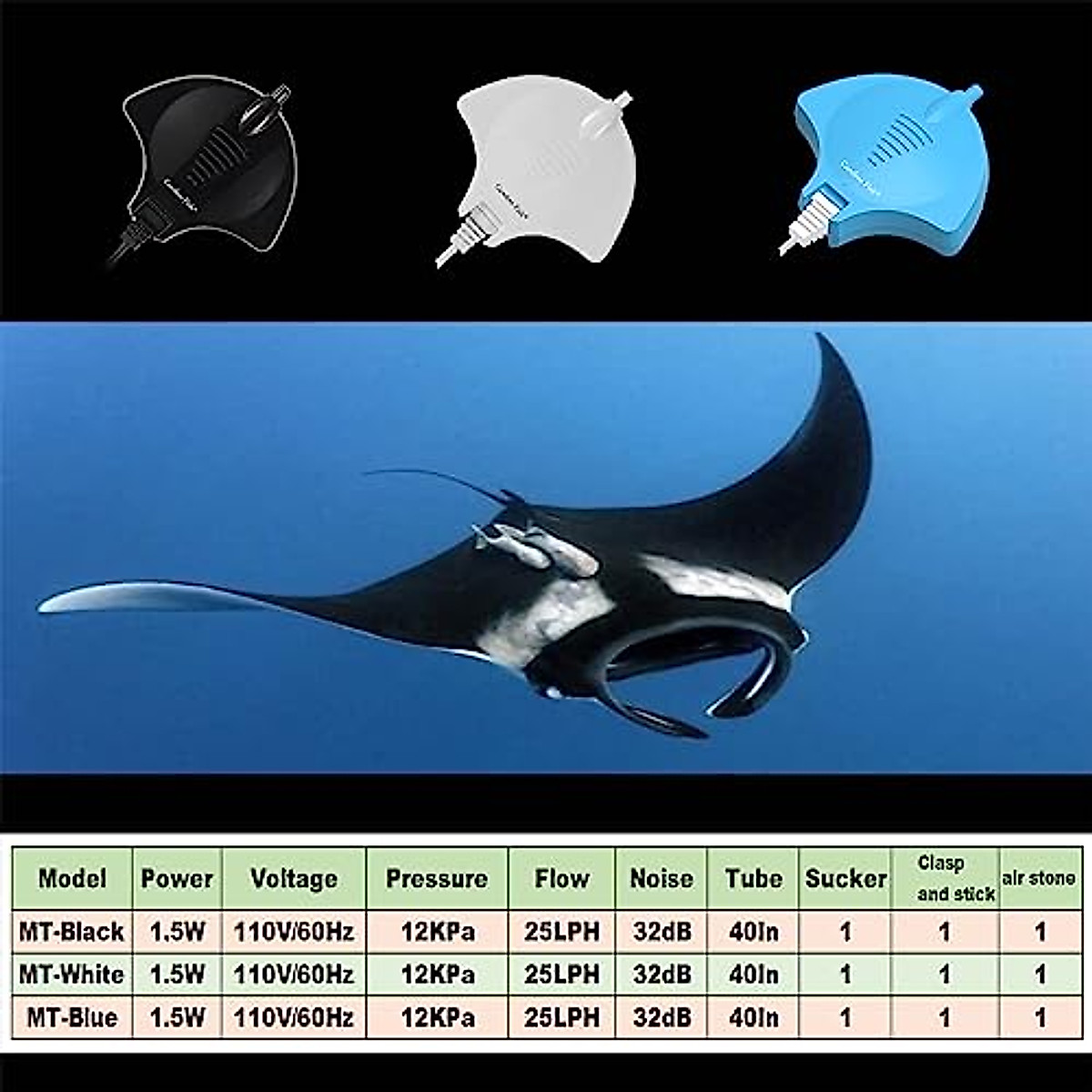 Carefree Fish Manta Ray 1.5W Mini Air Pump with Accessories Tube and Tiny Air Stone Quiet Aerator Kit for Fish Tank 0.5-15 Gallon Fish Bowl Oxygen Pump