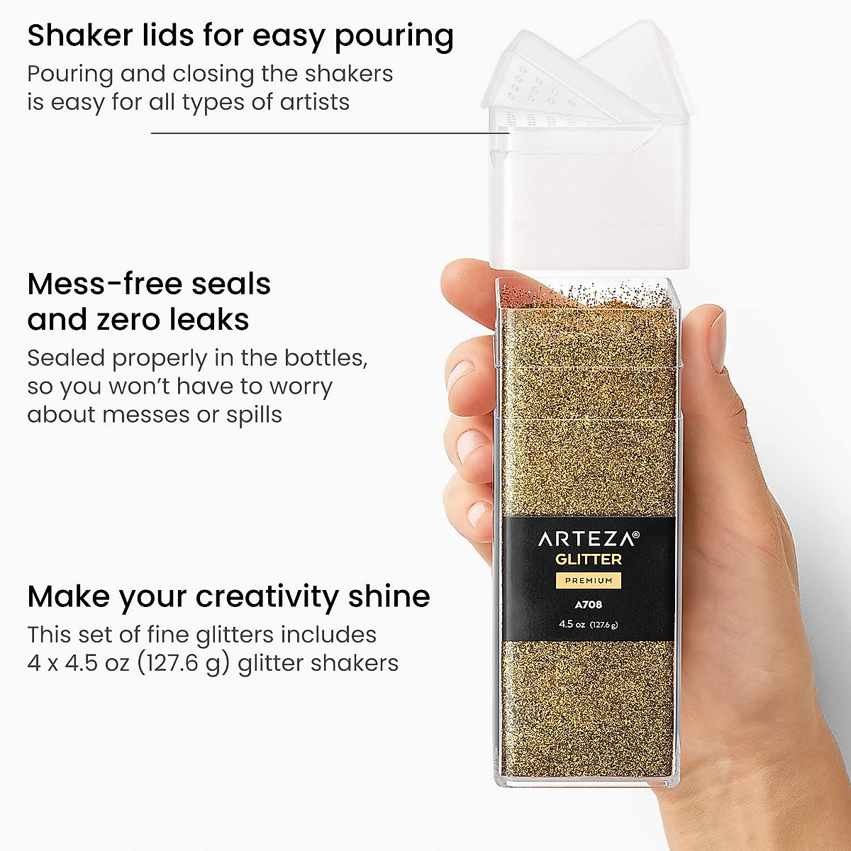 Arteza Fine Glitter, Set of 4 Colors — Red, Graphite, Silver, and Gold Glitter for Resin in 4.5-oz Bottles, Arts and Crafts Supplies for Art Class, After-School Programs, and Holiday Craft Projects