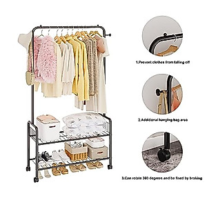 JIUYOTREE Rolling Clothes Rack 35.4 Inches Freestanding Metal Clothing Rack with 2-Tier Storage Racks Garment Coat Rack with Wheels for Clothes Shoes Hats Bags Black