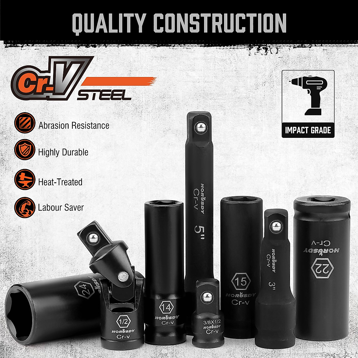 HORUSDY 20-Piece 1/2 Impact Socket Set | Metric (10mm - 24mm) | 6 Point Impact Socket Set 1/2 Drive with Case | Cr-V Steel | 3", 5", and 10" Impact Extension Bars