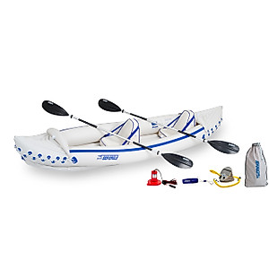 Sea Eagle 370K Pro 3-Person Inflatable Outdoor Water Sports Kayak Canoe Boat with Paddles, Adjustable Seats, Foot Pump, and Carrying Bag, White
