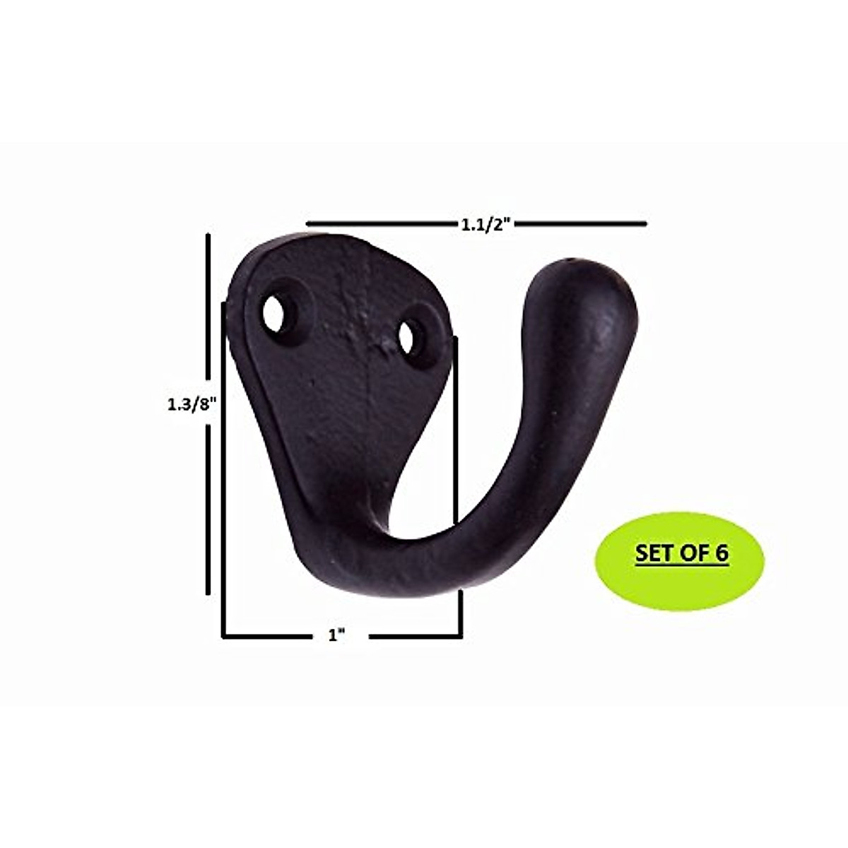 A29 Set of 6 Single Coat Hooks, Heavy Duty Wall Mounted 1 3/4 Inches, Utility Iron Decorative Hat Hook with Easy Installation Hardware, Black Powder Coat Finish