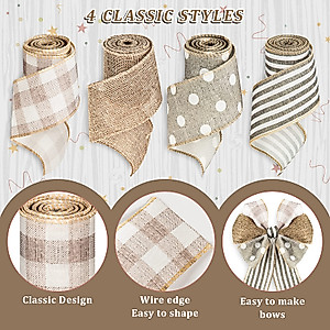 Whaline Farmhouse Wired Edge Ribbon 4 Rolls White Polka Dots Buffalo Plaid Stripe Ribbon Rustic Farmhouse Craft Ribbon for Spring Wedding Ribbon Wreaths Assorted DIY Gift Wrapping 2.5In x 20 Yard
