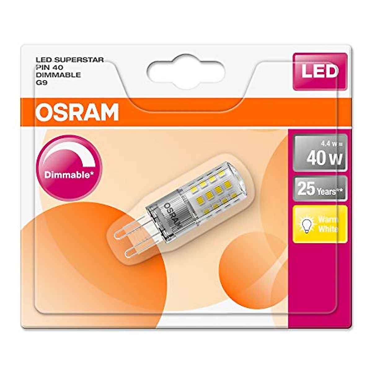 OSRAM LED Superstar PIN G9 DIM / LED lamp: G9, 4.40 W, 40 W Replacement for, Warm White, 2700 K, / / Pack of 9