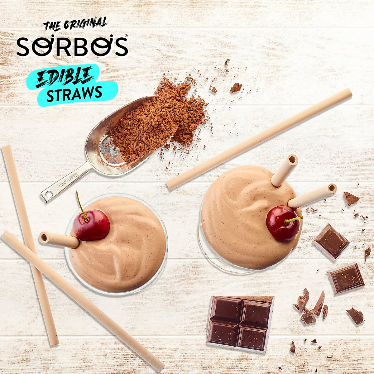 Sorbos Edible Straws, Chocolate Flavored, Sustainable, Individually Packaged, No Plastic, No Allergens, No Gluten, No PFAS, 100 Percent Biodegradable, 7.4 inches long (Pack of 200)