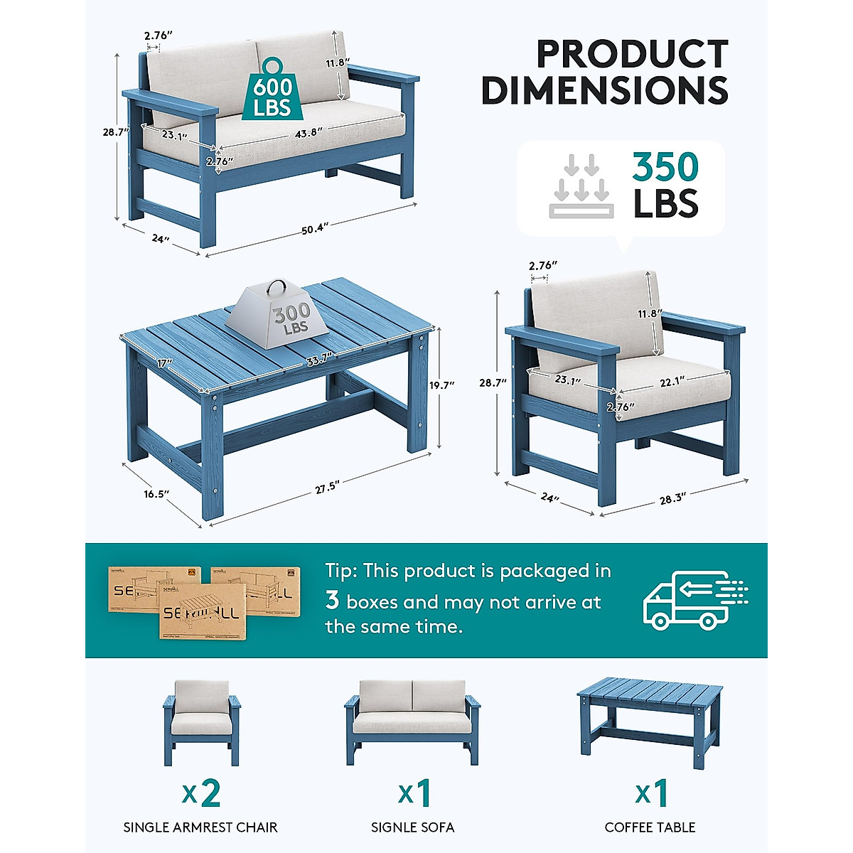 SERWALL 4 Pieces HDPE Outdoor Conversation Sofa Set with Cushions, Blue Frame and Khaki Cushion