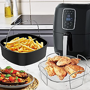 Eummy - 2Pcs Air Fryer Cooking Accessory Kit 8Inch Stainless Steel Air Fryer Rack Reversible Rack and Non-Stick Baking Pan Universal Air Fryer Accessories Dishwasher Safe for Dual Basket Air Fryer