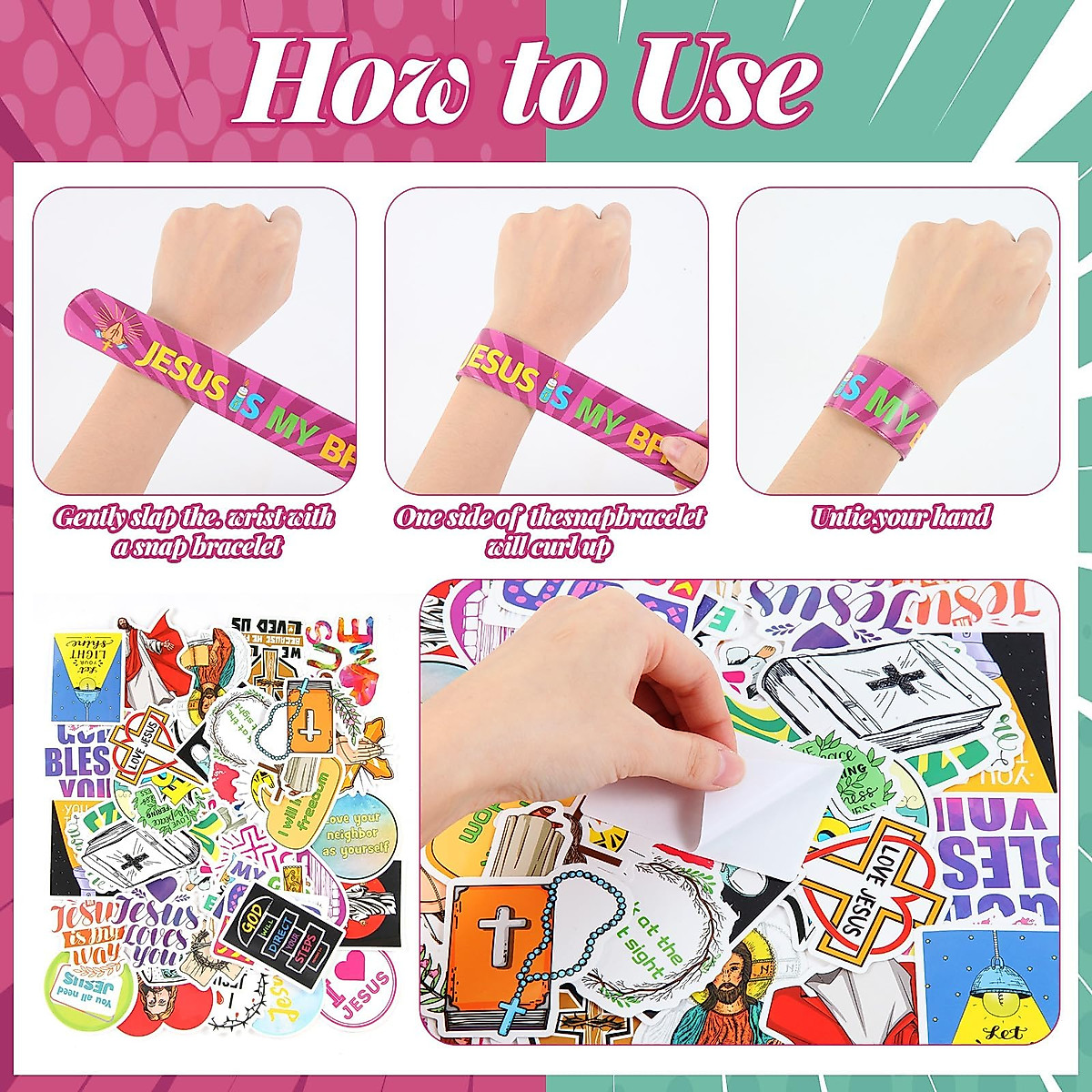 Kolewo4ever 244 Pieces Bible Verses Gifts Set:144 Pieces Bible Verses Slap Bracelets Religious Christian Wristbands 100 Pieces Bible Verses Stickers for Church Gatherings and Additional Activities