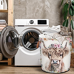 Mozaigos Highland Cow Laundry Basket Waterproof Collapsible Laundry Hamper Tote With Handles Toy Storage Basket Organizer Dirty Clothes Hamper for College Dorm, Bathroom, Bedroom, Living Room