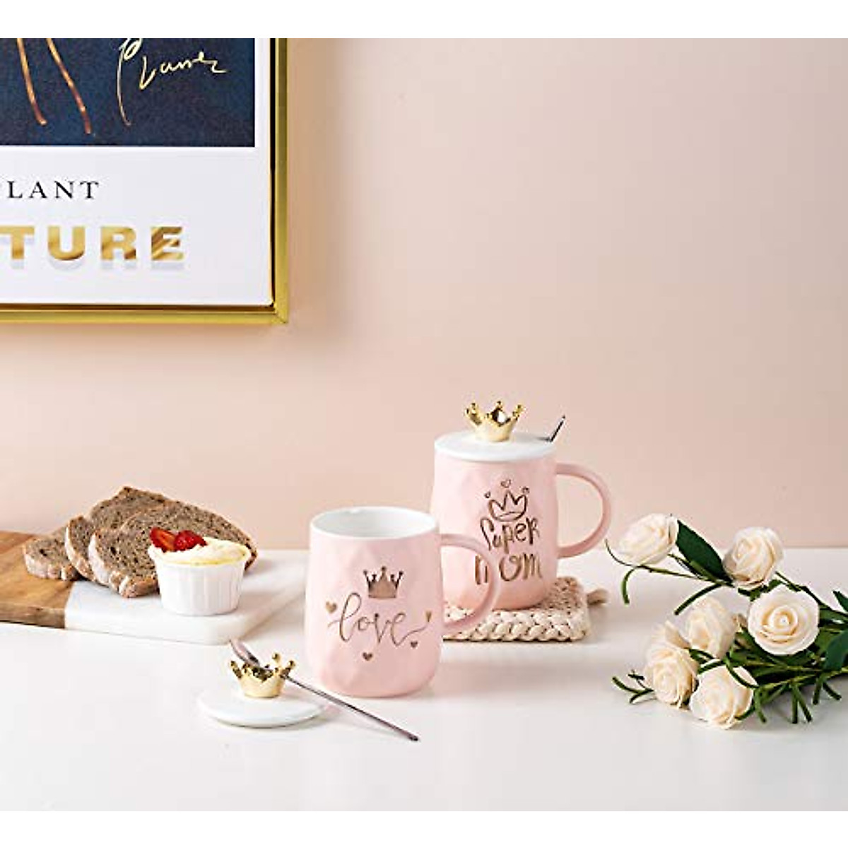 Mug for Mom with Crown Cute Coffee Ceramic Cup Unique Gift for Women Queen Wife Grandma Girlfriend Daughter Mother's Day - 15oz with Lid & Spoon (Super Mom)