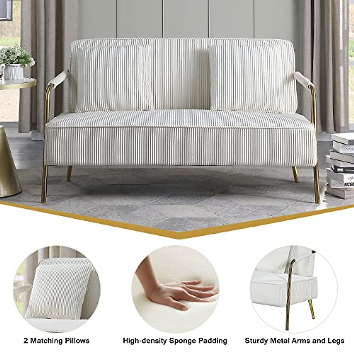 Taiweny Velvet Loveseat Small Sofa Couch, Modern Pleated Upholstered 2 Seater Love Seat Settee with Two Throw Pillows for Living Room Bedroom Apartment, 56” (Beige)