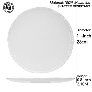 KX-WARE Melamine Plate, 11-inch Dinner Plates with Rope Edge Design, set of 6 White