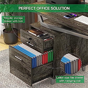 Homieasy Computer Desk with File Cabinet & Charging Station, Heavy Duty Home Office Executive Desk with Storage Drawers, Sturdy Spacious Workstation with Power Strip Cable Grommets, Black Oak