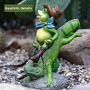 OSROENE Frog Statues Garden Decor, Cowboy Frog Riding Green Lizard Figurine Outdoor Indoor Decoration Animal Statues for Garden Balcony Front Porch Patio Yard