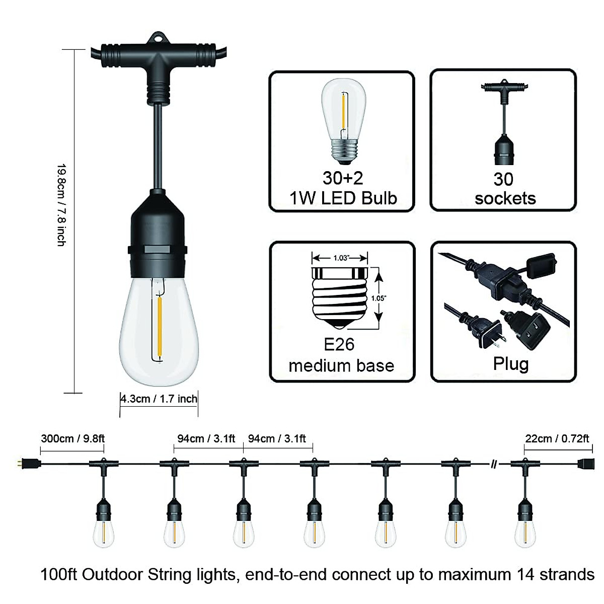 Outdoor String Lights LED 100FT Commercial Grade Heavy Duty with 30 Sockets 32 Shatterproof Include 2 Spare S14 Dimmable Plastic Edison Bulbs For Patio Market Cafe