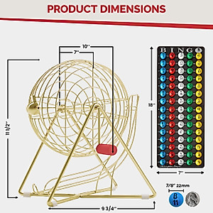 MR CHIPS 11" (Inch) Tall Professional Bingo Set with Steel Cage, Everlasting 7/8” Balls, Master Board for Balls - Luxury Gold Color
