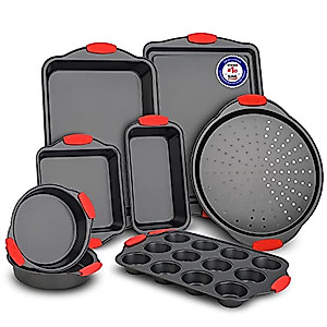 Baking Set – 8 Piece Kitchen Oven Bakeware Set – Deluxe Non-Stick Black Coating Inside and Outside – Carbon Steel – Red Silicone Handles – PFOA PFOS and PTFE Free by Bakken