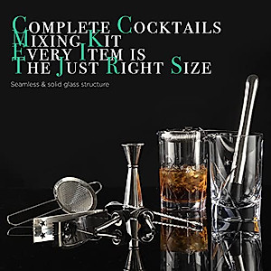 Homestia Cocktail Mixing Glass Set Crystal Barware, Full Bar Set Drink Kit 9 PCS: 24oz Bar Mixing Glass, 10" Bar Muddler, Jigger, 12" Stirring Spoon, Cocktail Strainers, Bottle Pourers, Ice Tong